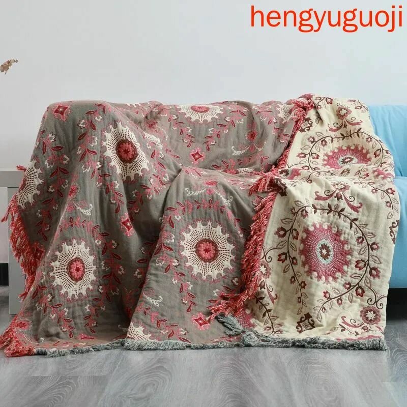 Плед hengyuguoji с красно-бежевым цветочным узором и кисточками, 150x220 см, для дивана, для дома, покрывало