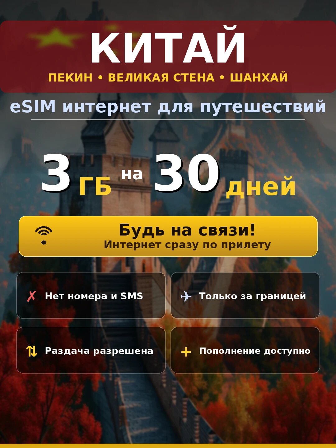 ESIM Материковый Китай — мобильный интернет 3 ГБ на 30 дней | виртуальная SIM-карта для путешествий