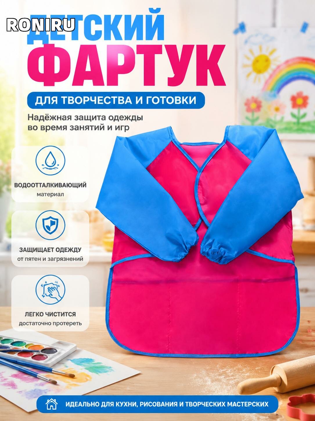 Детский фартук для творчества и готовки — фартук для детей на кухню, уроки рисования и мастерские для школы и дома