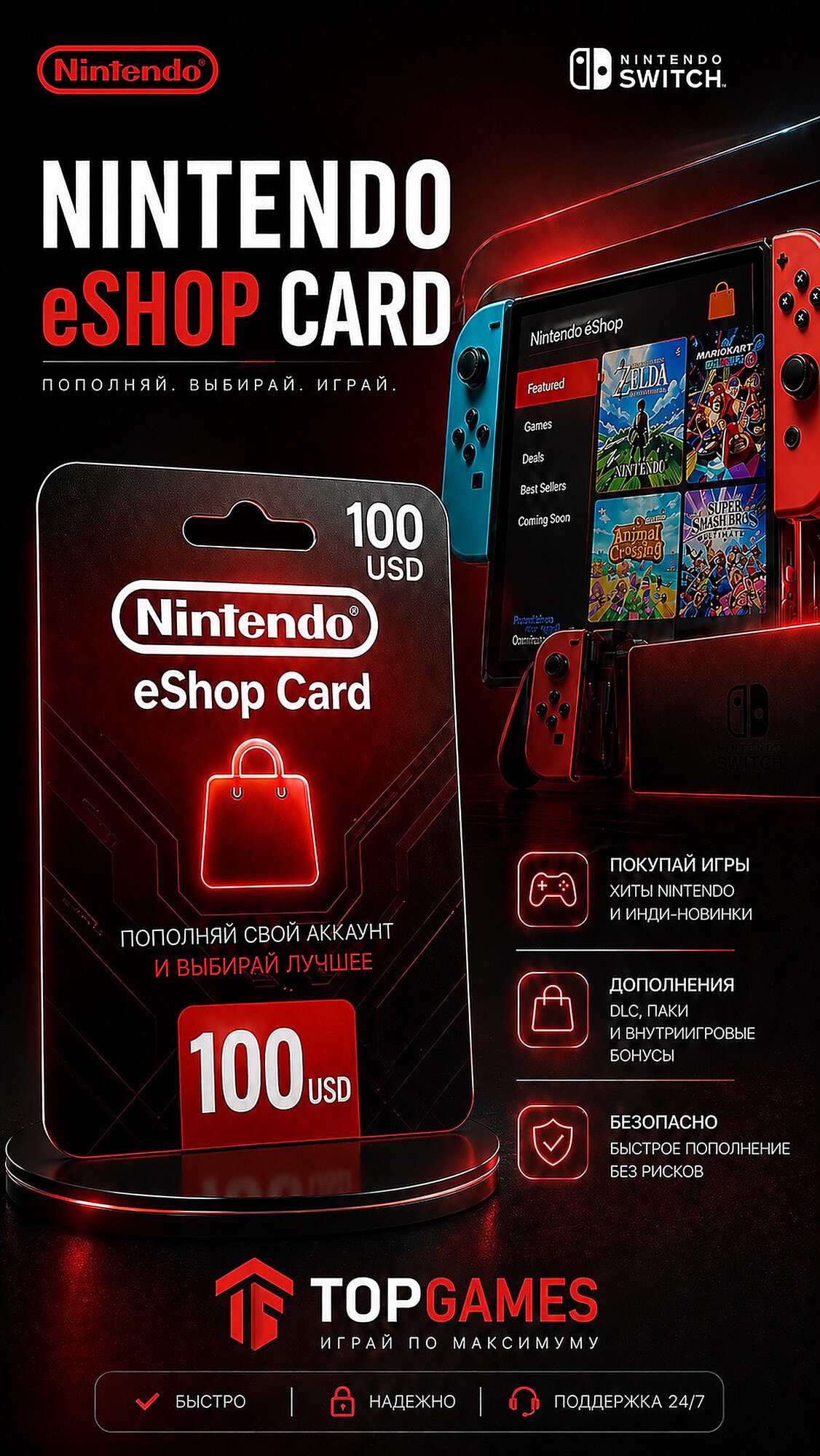 Подарочная карта Nintendo eShop 100$ США (USA), Nintendo Gift Card 100$ USD, Цифровой код