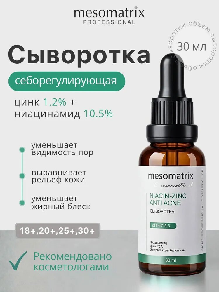 Сыворотка с ниацинамидом 10.5% и цинком 1.2% для лица для жирной проблемной кожи от прыщей, угрей, черных точек, для сужения пор NIACIN-ZINC anti acne Mesomatrix аюна 30 мл