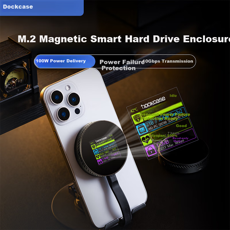 DOCKCASE Интеллектуальный магнитный корпус для SSD 2230 M.2 NVMe с MagSafe для iPhone 17 Цвет：Черный [100W PD + Защита