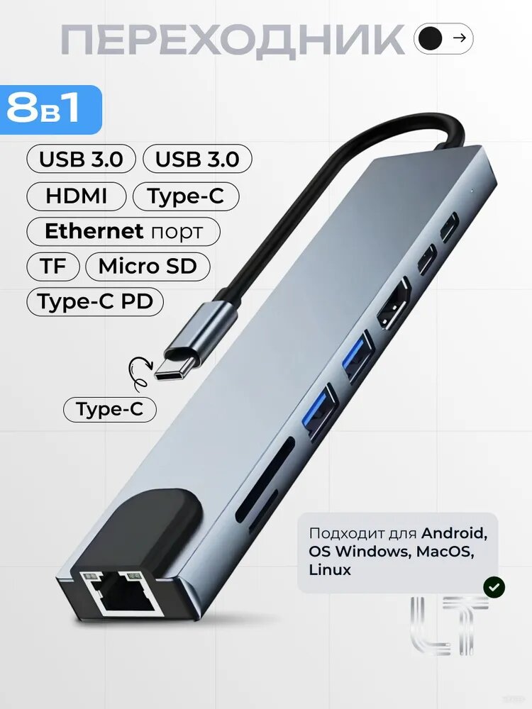 USB Hub Lan Adapter / Сетевая карта USB / Ethernet адаптер сетевой / type-c переходник HDMI / 2 USB / TF