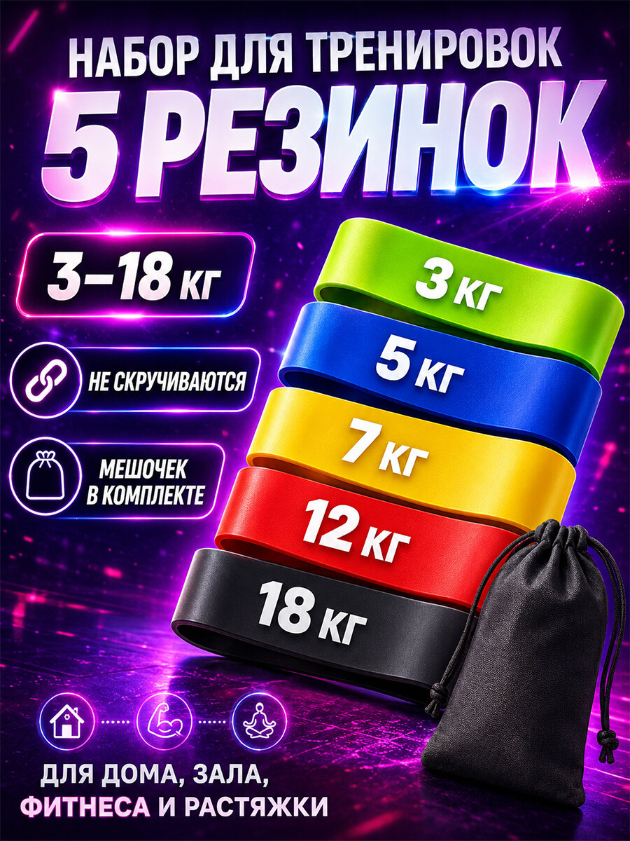 Резинки для фитнеса, набор 5 штуки. Эспандер ленточный. Резинки для подтягивания на турник 3-18 кг
