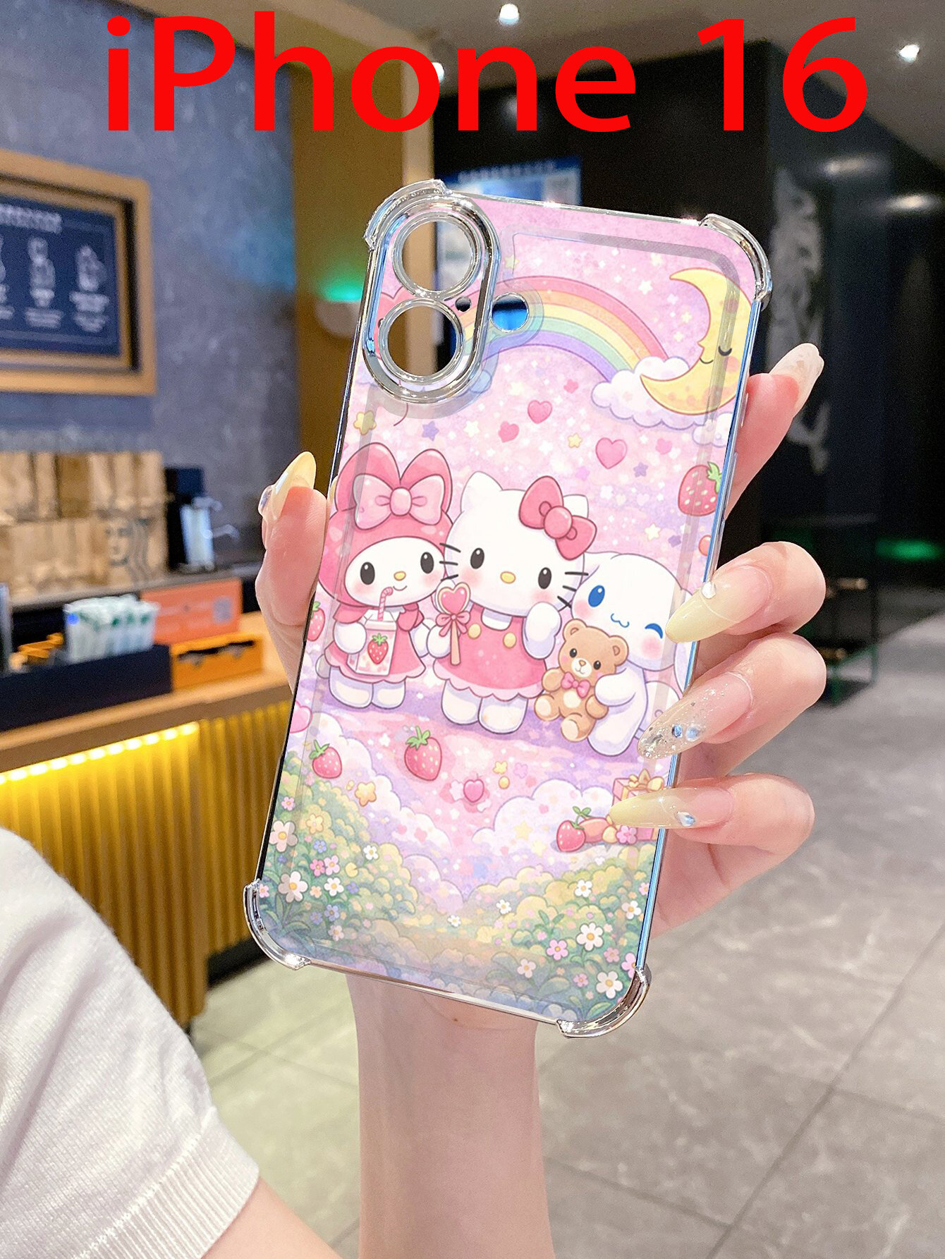Мягкий чехол с гальваническим покрытием для iPhone 16 с милыми Куроми, Мелоди и Hello Kitty.