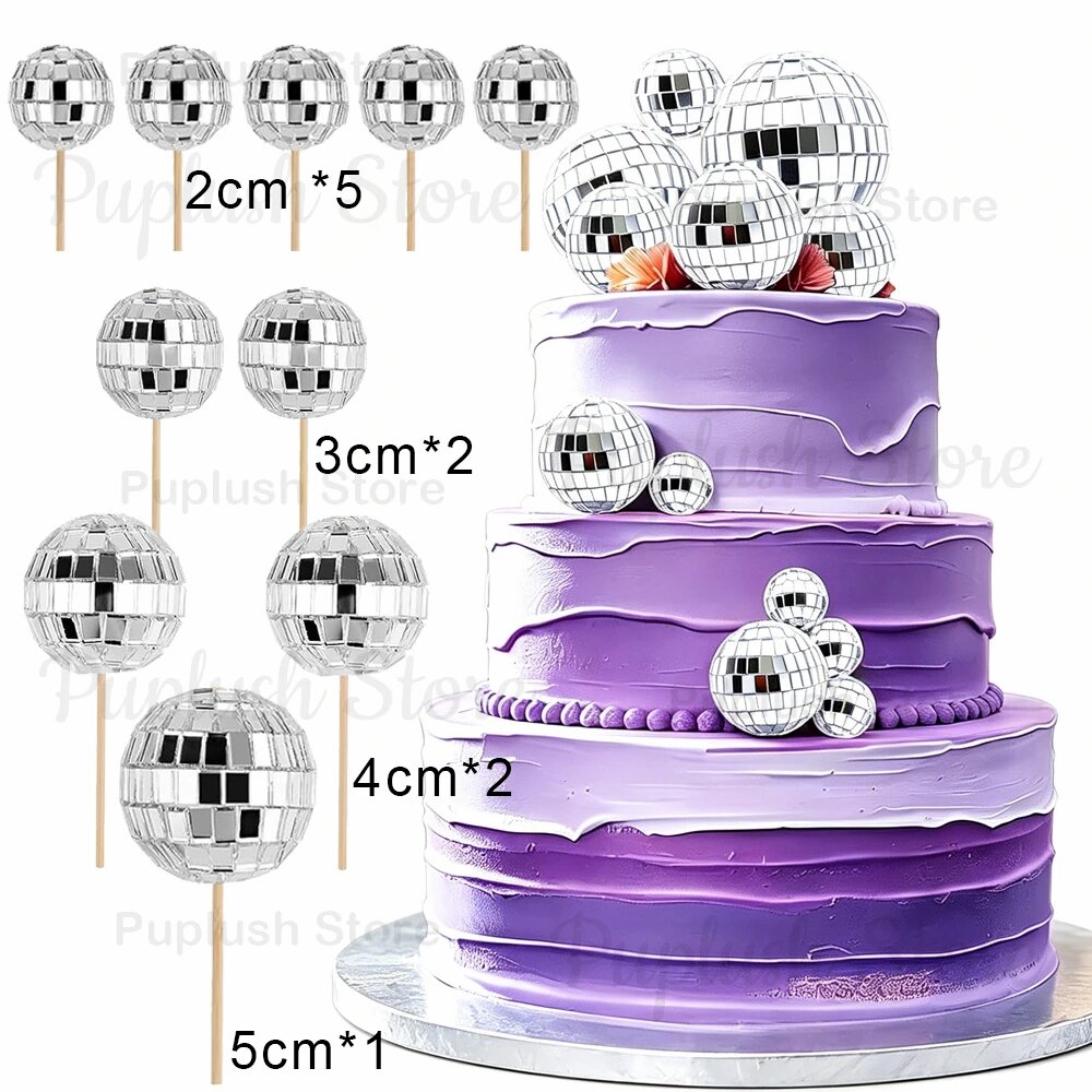 Топперы для торта диско-шары 10 шт, серебристые, розовые, золотые 10pcs sliver