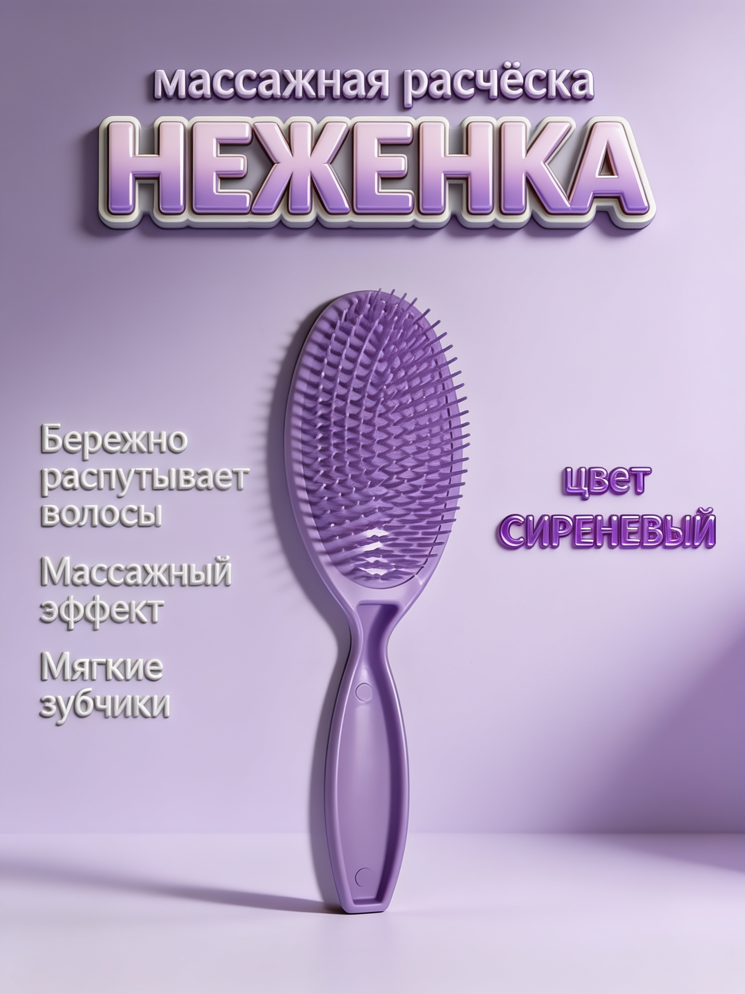 Массажная расческа неженка, цвет сиреневый, прочный пластик, массажная щетка