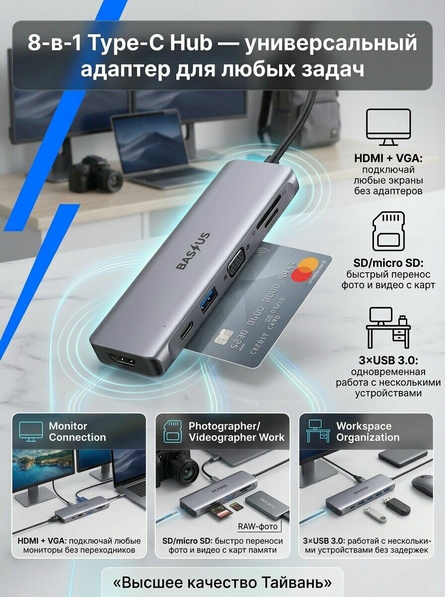 USB разветвитель Хаб 8-в-1 type-c hub adapter / Адаптер / USB Концентратор / USB-Хаб / VGA, USB, HDMI, Type-C, SD, TF