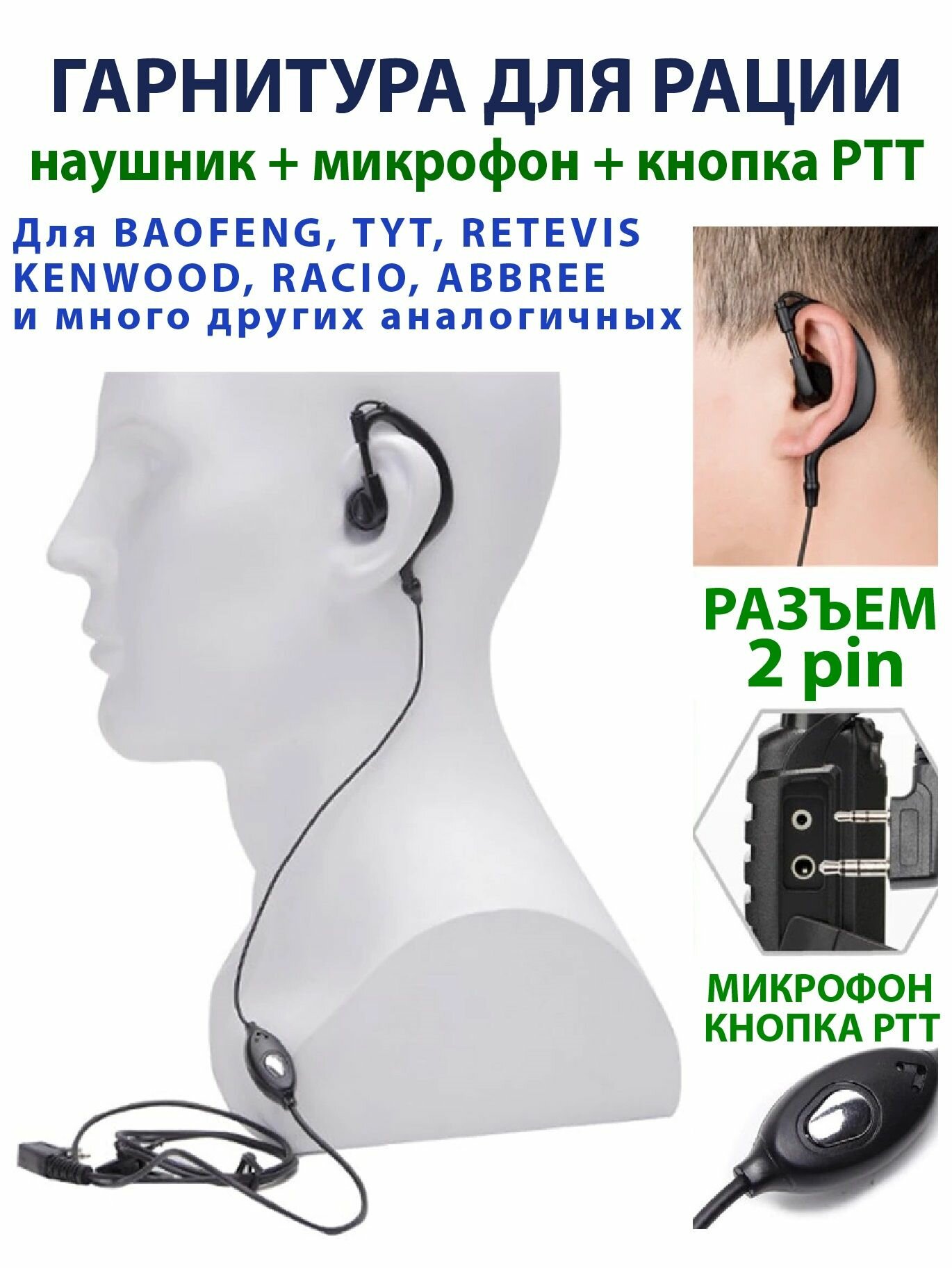Гарнитура для рации Baofeng, TYT, Kenwood, Retevis, Грифон, TurboSky и другие, наушник и микрофон для радиостанции, разъём типа Kenwood 2 PIN