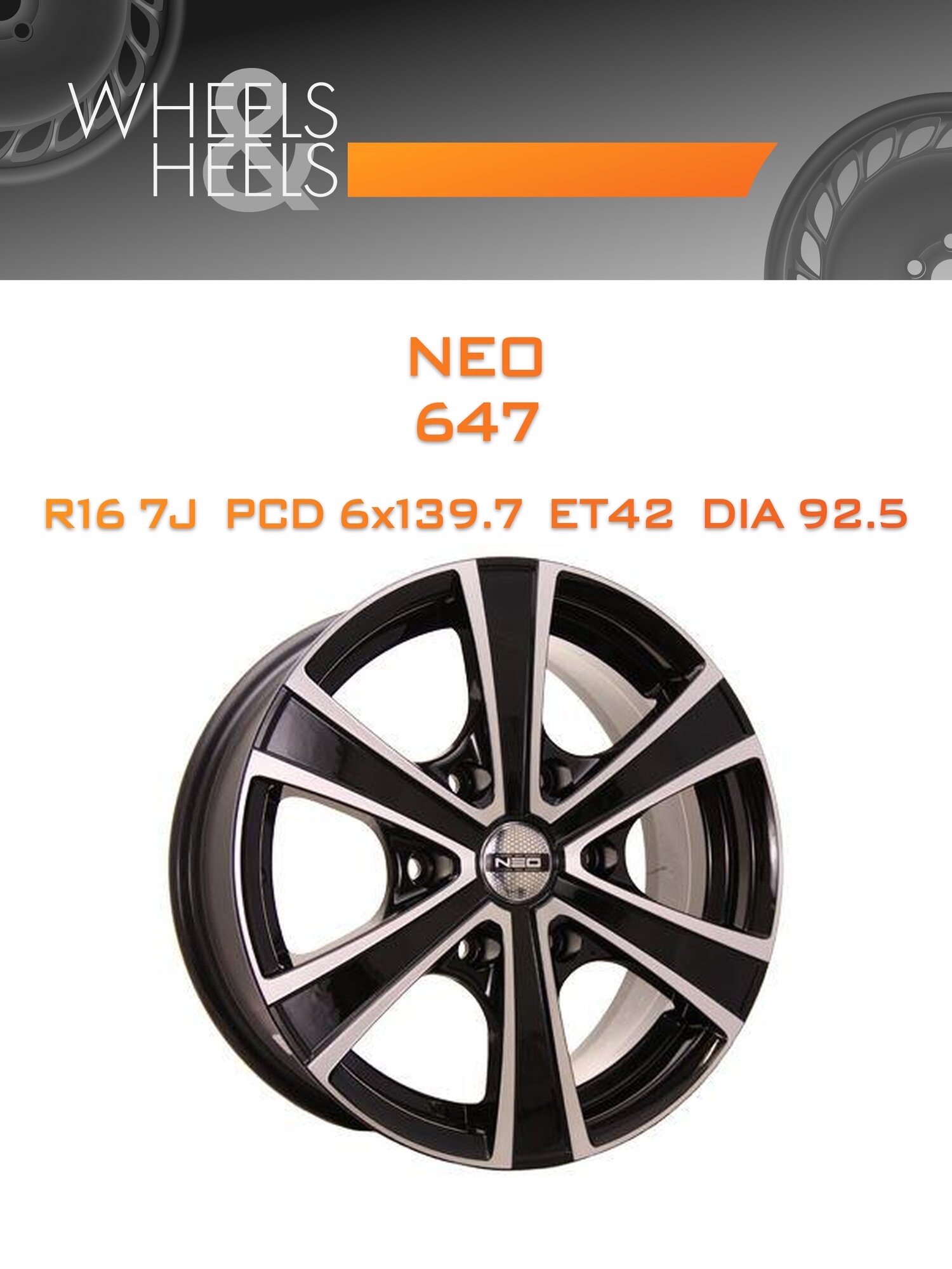 Диск автомобильный литой NEO 647 16x7 6x139.7 et42 dia92.5 Чёрный с полированной лицевой частью