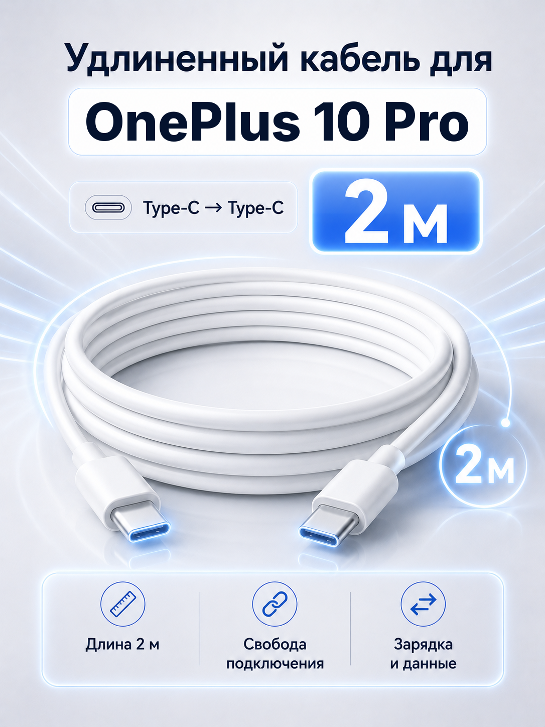 Удлиненный кабель для OnePlus 10 Pro Type-C на Type-C, 2 м