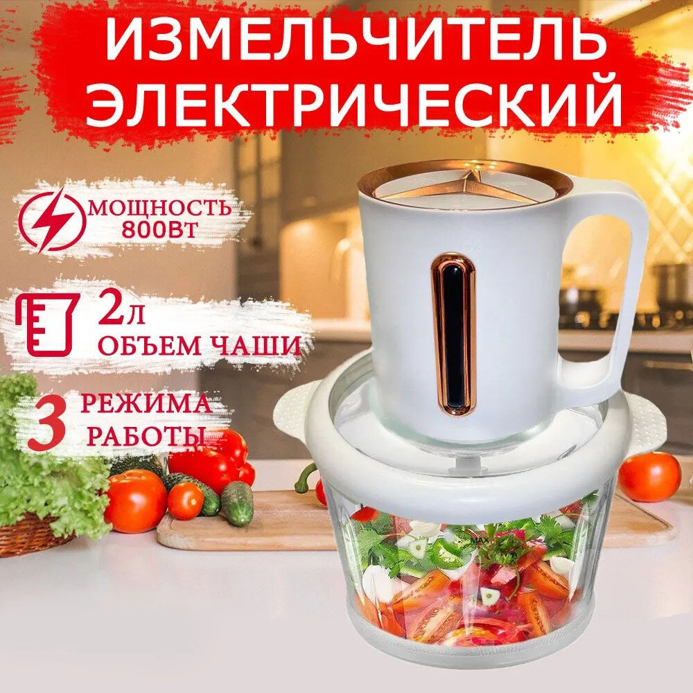 Портативный премиумизмельчитель для фарша и овощей, оснащенный стеклянным кувшином на 2 литра, мощностью 800 Вт, используется в белом корпусе.