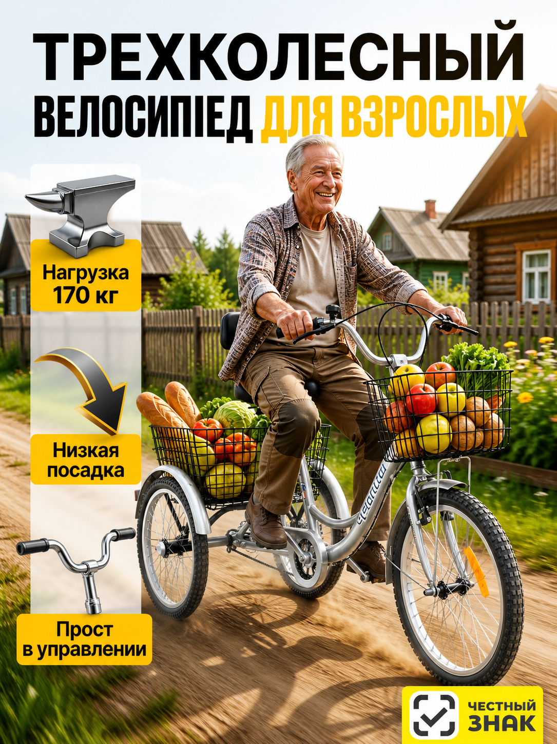 Трехколесный велосипед для взрослых РВЗ Чемпион 20 дюймов серебро с корзинами и сиденьем со спинкой 1 скорость