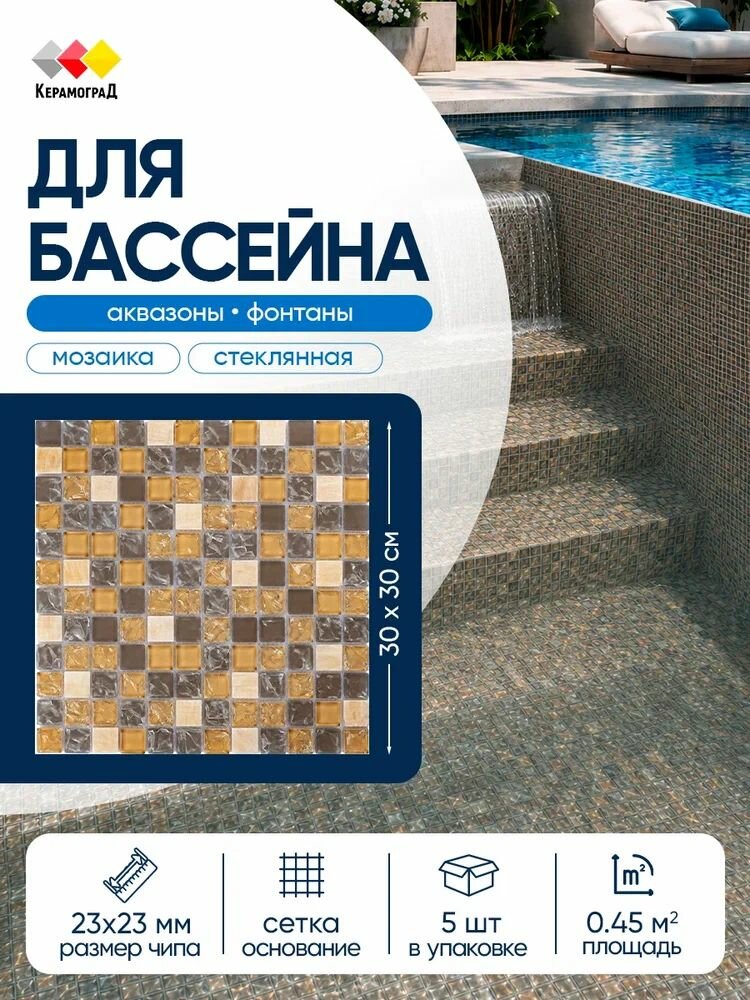 Плитка мозаика КерамограД стеклянная с камнем на сетке для бассейнов, аквазон и фонтанов, влагостойкая износостойкая, 30х30см / 5 сеток
