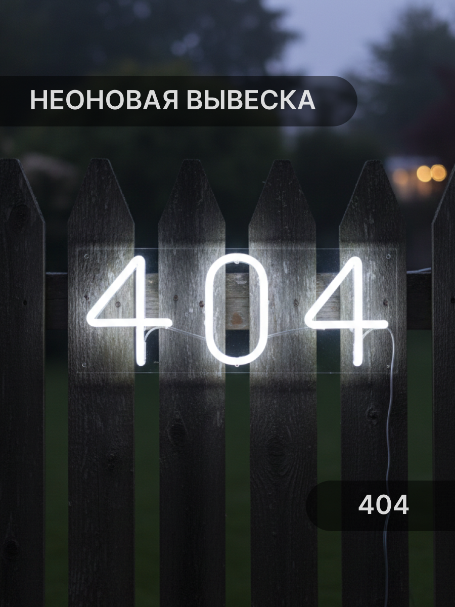 Неоновая вывеска 404, 40х15 см, белая