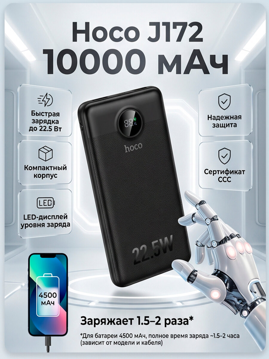 Аккумулятор с сертификатом ССС Hoco 10000 J172 черный