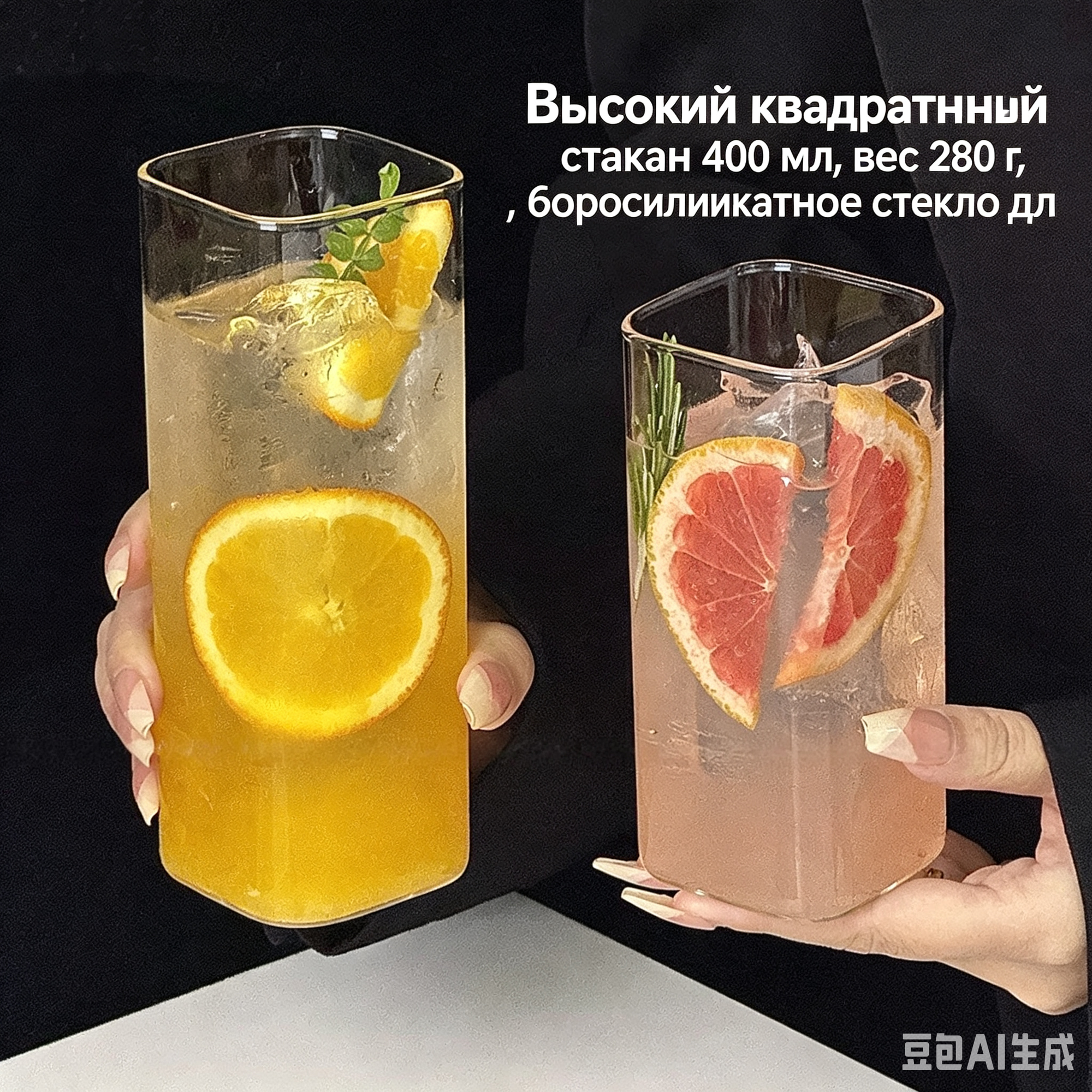 Высокий квадратный стакан 400 мл, вес 280 г, боросиликатное стекло для коктейлей