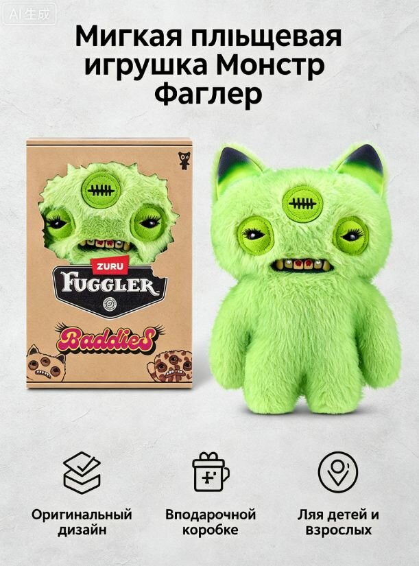 Fuggler Baddies Monster / Уродливые и милые плюшевые игрушки, зеленая инопланетная форма монстра, флуоресцентный зеленый плюш, декомпрессионные подарки, подходящие для коллекции и украшения