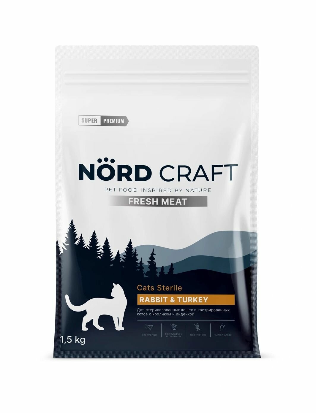 NORD CRAFT Корм сухой Fresh Meat для взрослых кошек с Кроликом и индейкой, 1500 гр