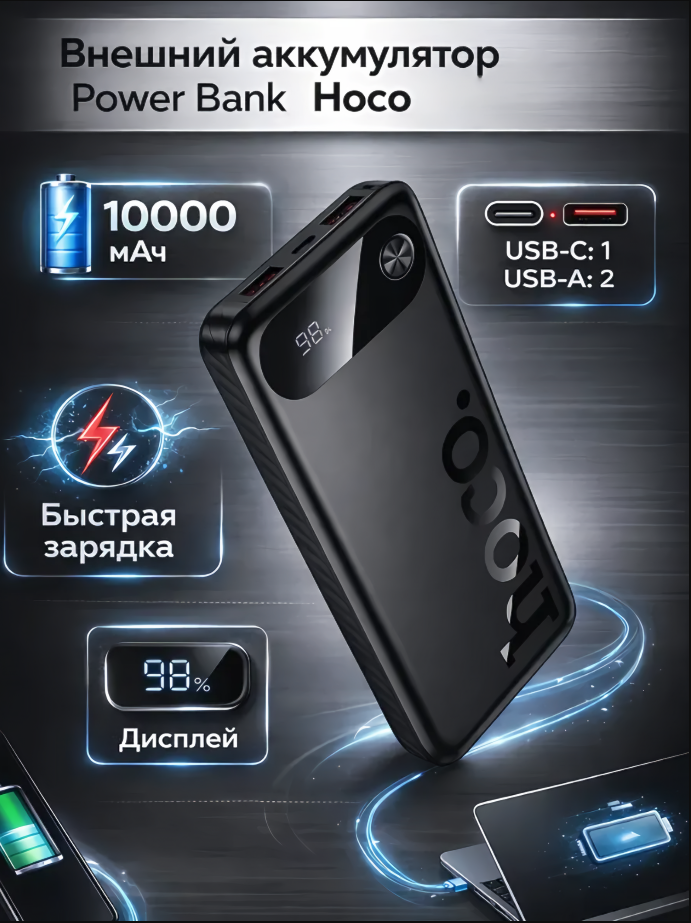Универсальный внешний аккумулятор HOCO с цифровым дисплеем/ Power Bank 10000mAh/ Быстрая зарядка 22.5W+ PD 20W/ Черный