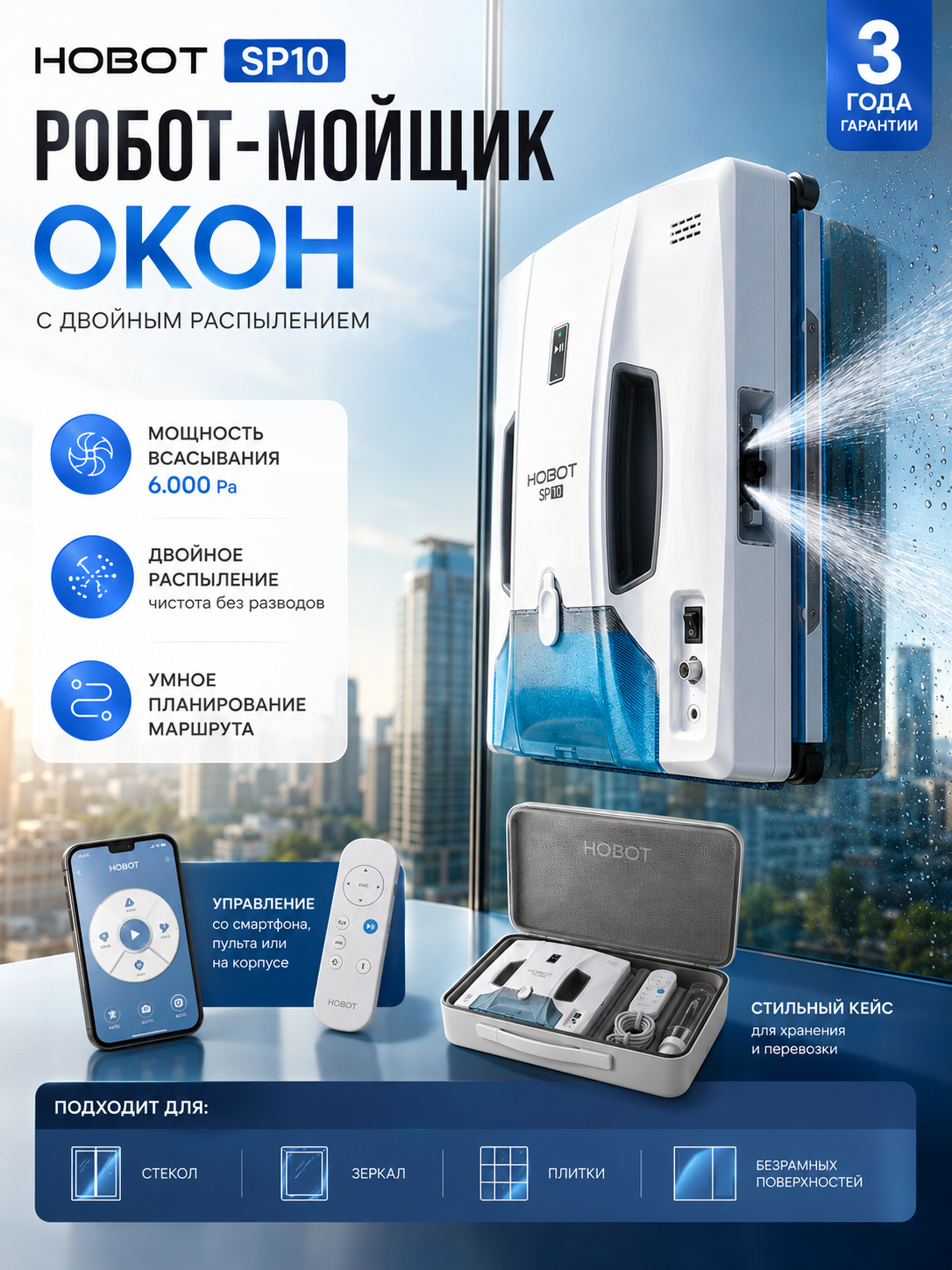 Робот-мойщик Hobot SP10, для окон, зеркал, кафеля, с распылением, белый