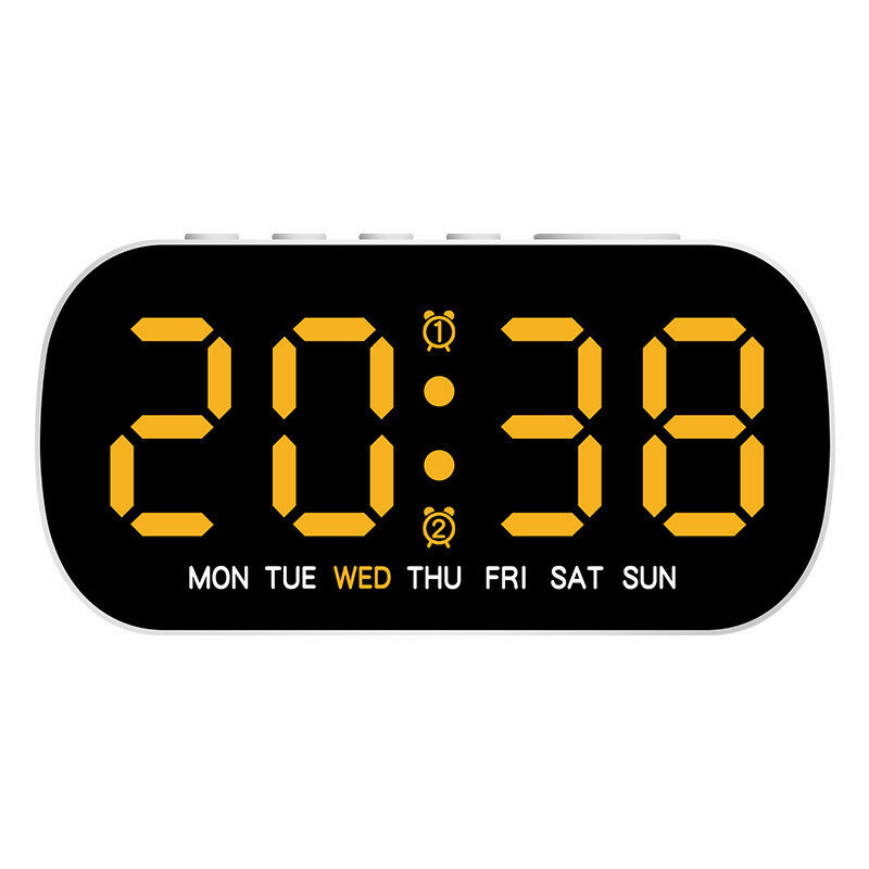 Digital alarm clock with date and week display for dorm room or office simple design, yellow