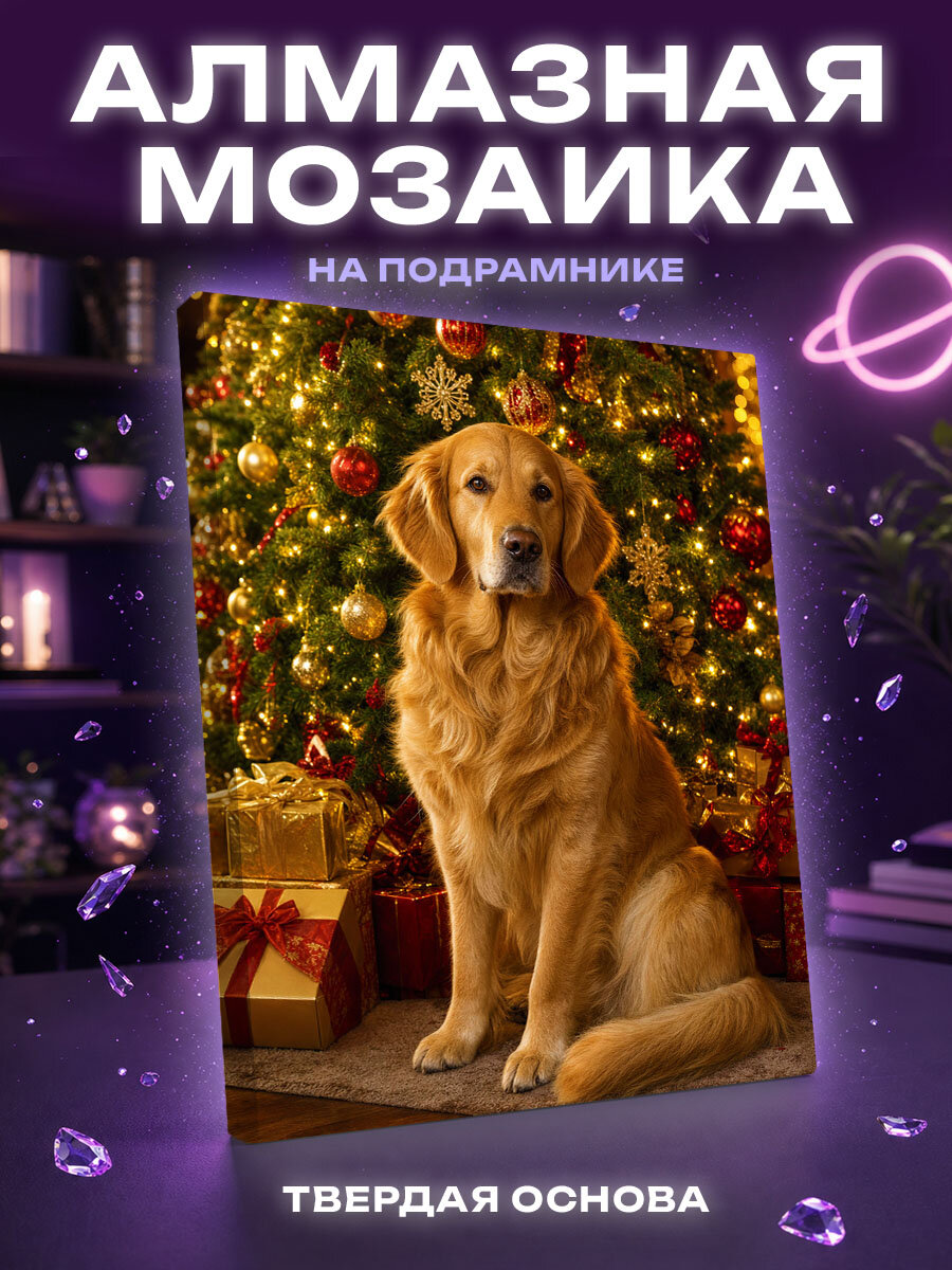 Алмазная мозаика Ретривер у новогодней елки
