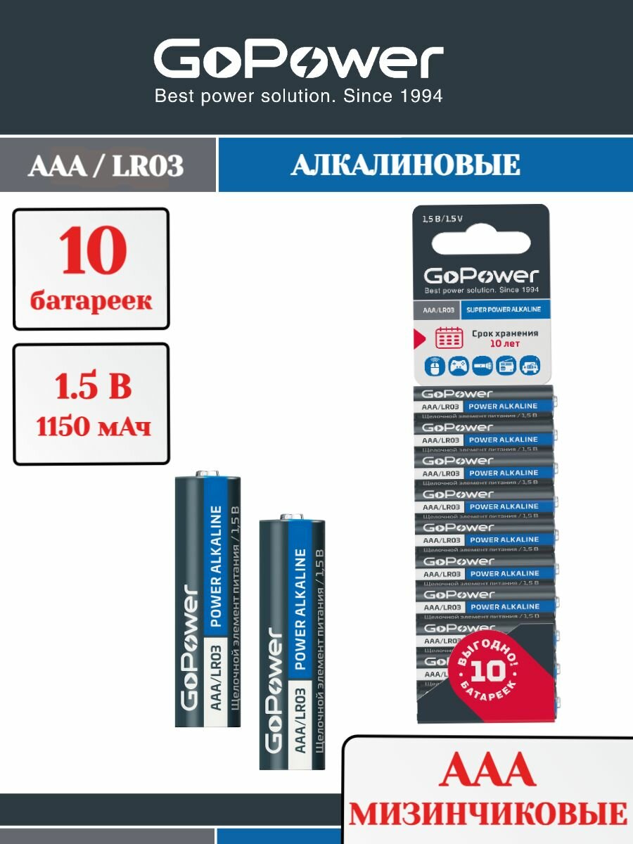 Батарейки мизинчиковые GoPower LR03 AAA BL10 Щелочные 1.5V - 10шт.
