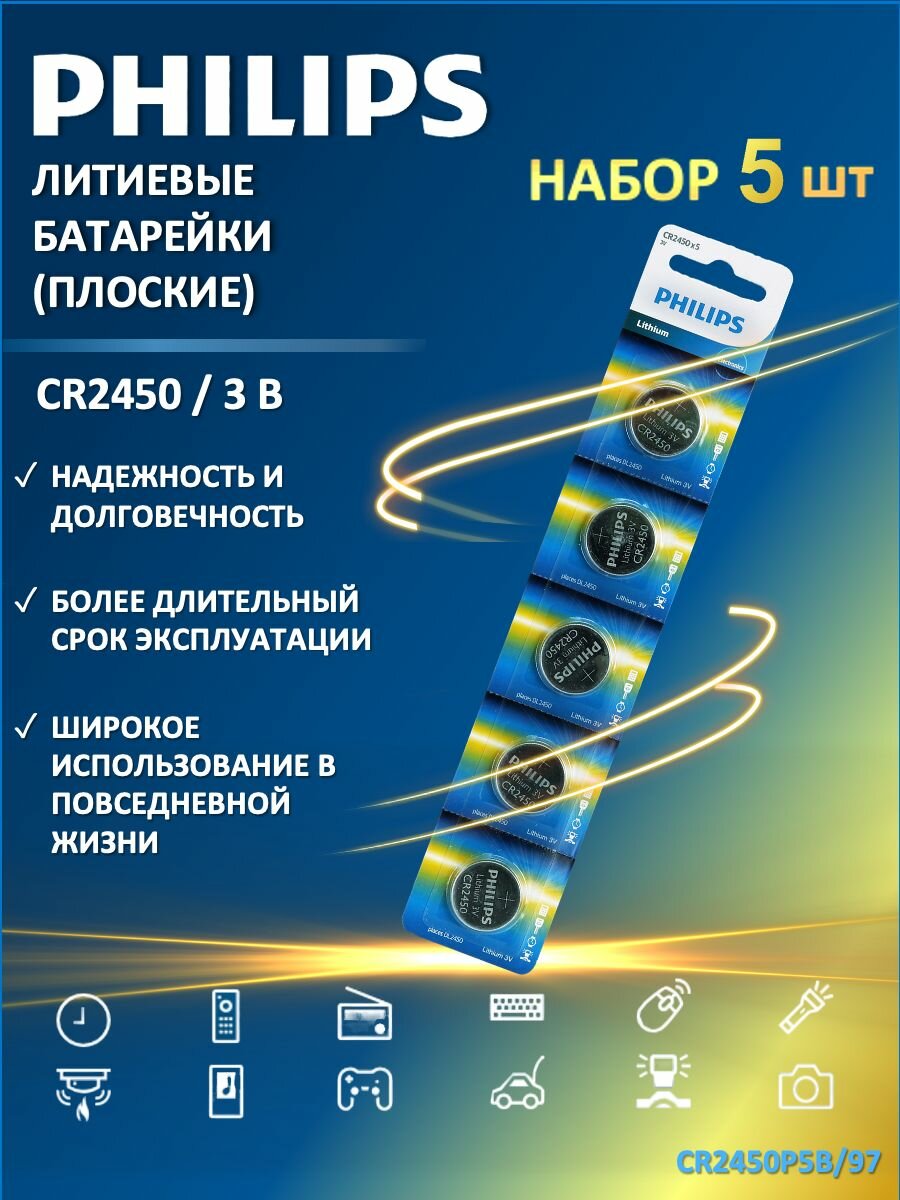 Батарейки плоские Philips CR2450P5B/97 (литиевые), 5 шт. в блистере