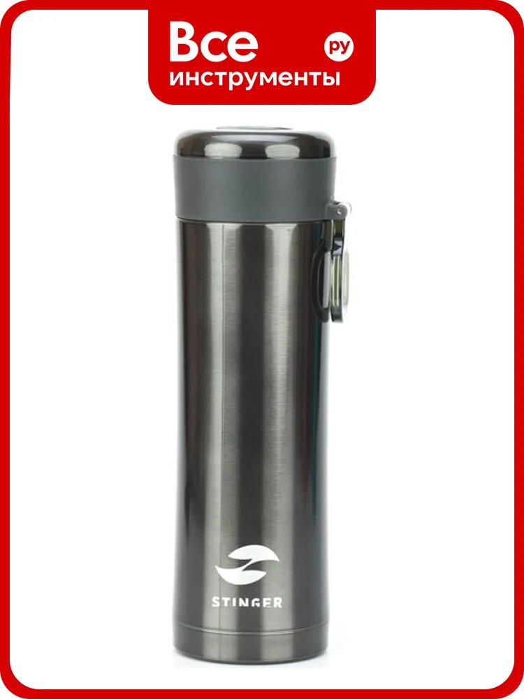 Термос Stinger HW-420-32-447, нержавеющая сталь, 0,42 л, с ситечком, вакуумный, черный