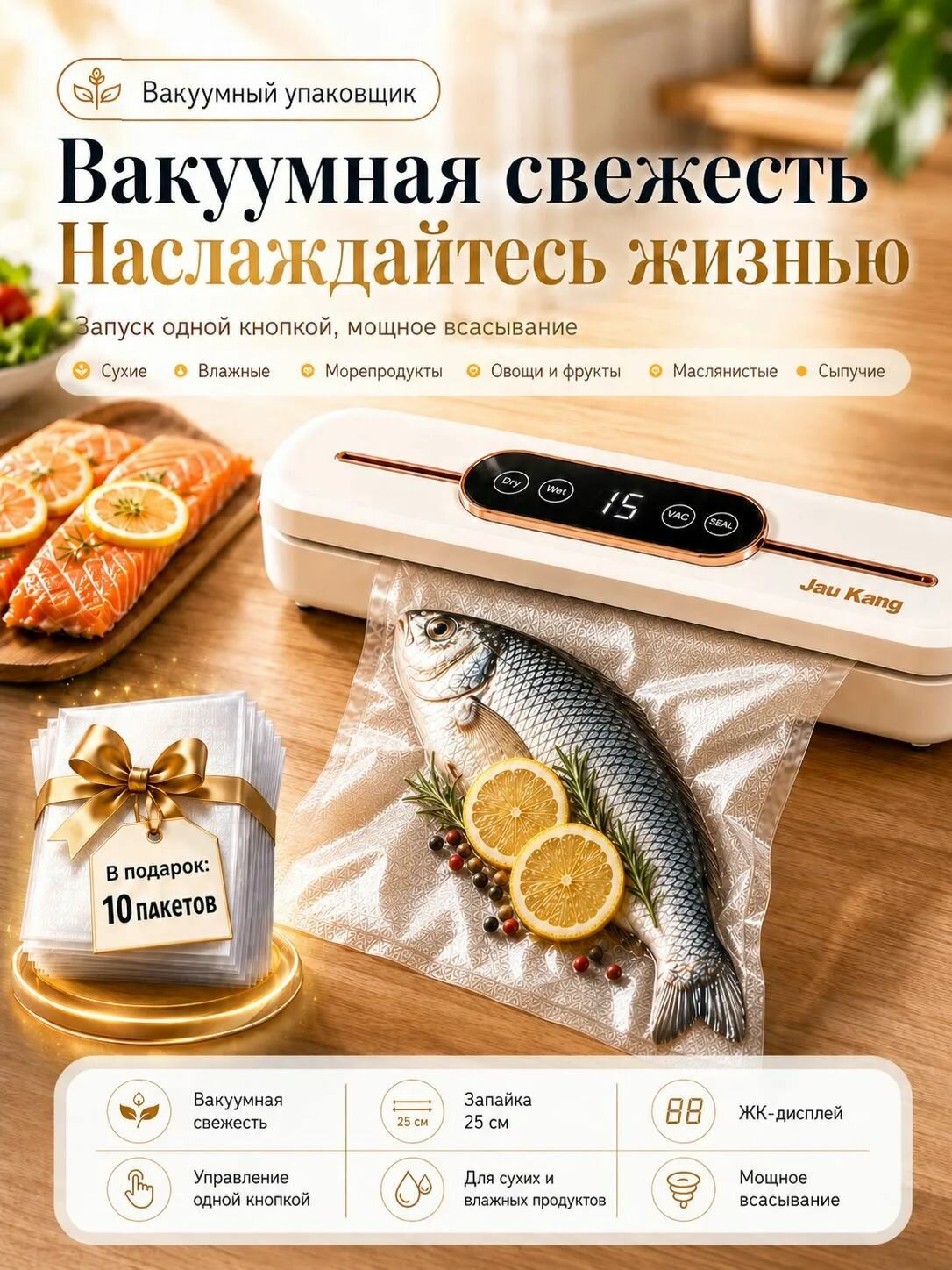 Вакууматор для продуктов, Jau kang, бытовой, для домашнего использования, продлевает срок хранения, сохраняет свежесть продуктов вакуумный упаковщик