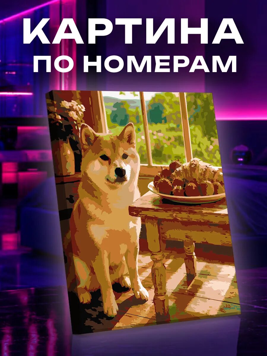 Картина по номерам Сиба-ину у тарелки круассаном