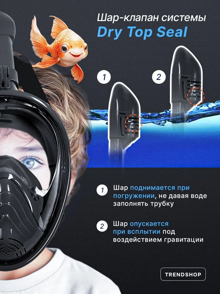 Маска для плавания детская "Маска для снорклинга" "Trendshop" "3-8 лет", XS, черная, с креплением для экшн-камер, обзор 180°, Anti-fog — фото 1