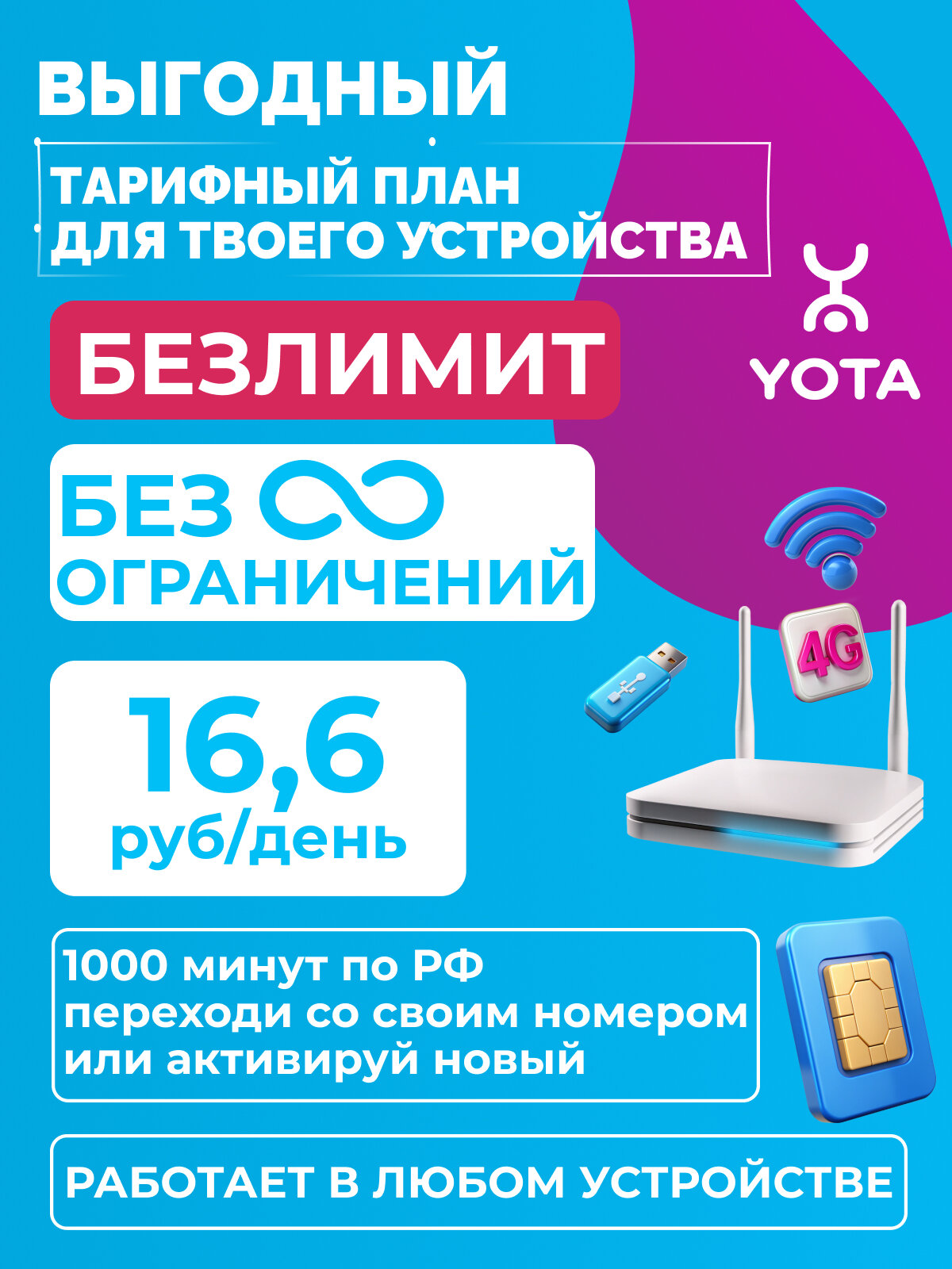 YOTA безлимитный интернет модем роутер планшет телефон по России Sim-карта