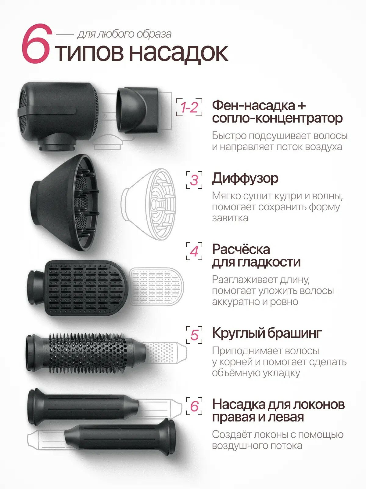 Фен для волос с насадками для кудрей для укладки с защитой от перегрева чёрный — фото 1
