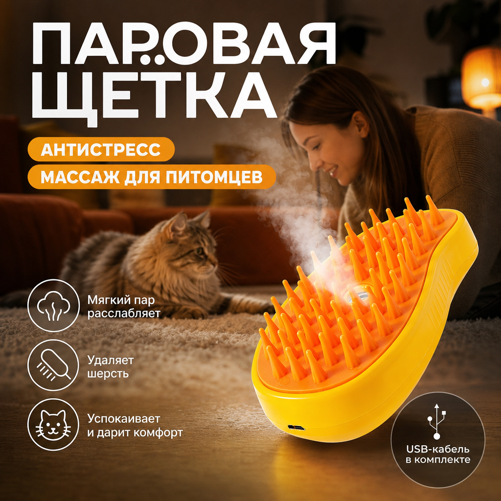 Щетка для купания и груминга кошек и собак, снижает линьку, массажный эффект, силиконовая щетина, паровой уход