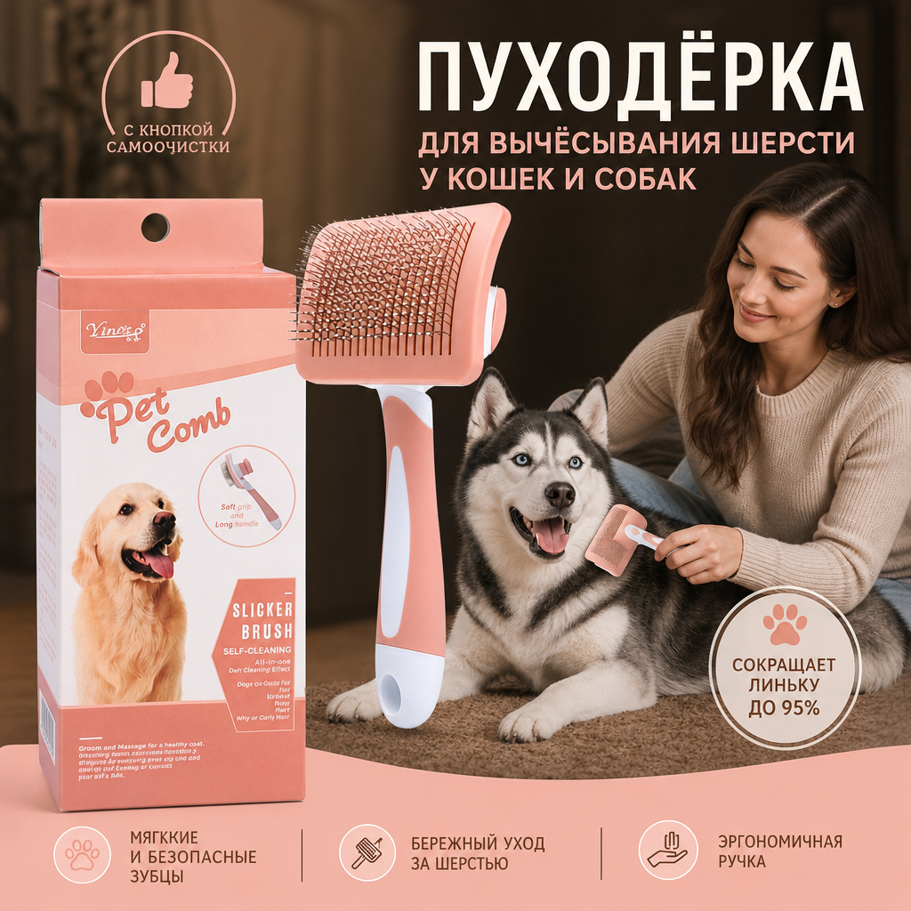 Фурминатор для вычесывания подшерстка собак, легко чистить, самоочищающаяся, удаление подшерстка, распутывает колтуны