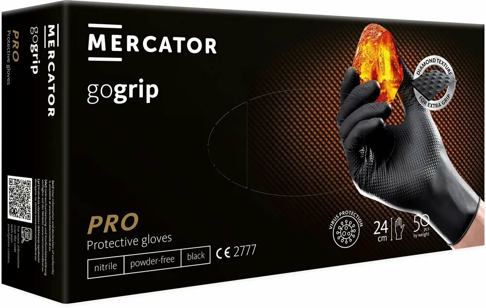 Перчатки особо прочные нитриловые размер XL, Меркатор/Mercator GoGrip, защитные черные, 25 пар/50 штук