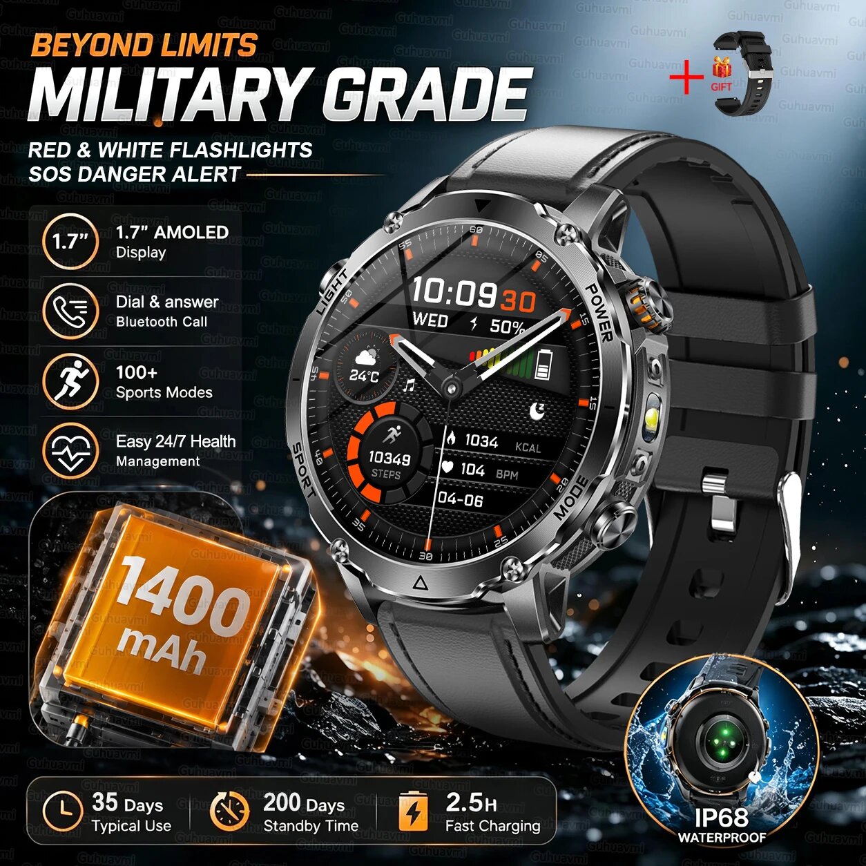 Умные часы для мужчин GPS трекер IP68 1400 мАч Серый, Black Leather