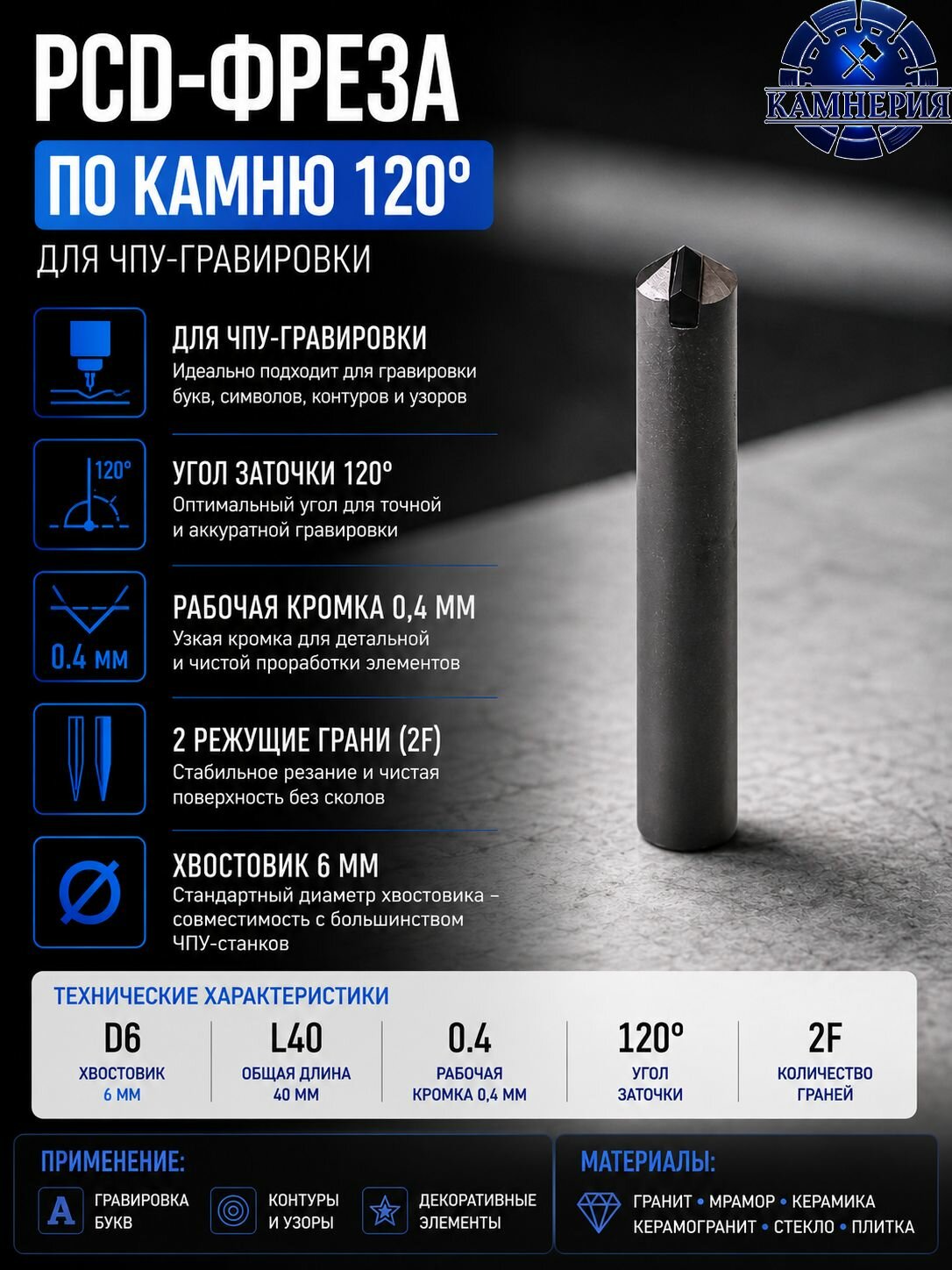 Алмазная PCD фреза 120 для гравировки текста на камне, граните
