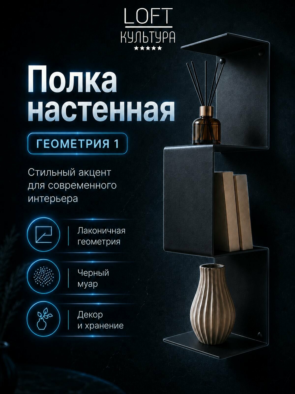 Полка настенная металлическая лофт дизайнерская Геометрия 1 черная для декора и хранения