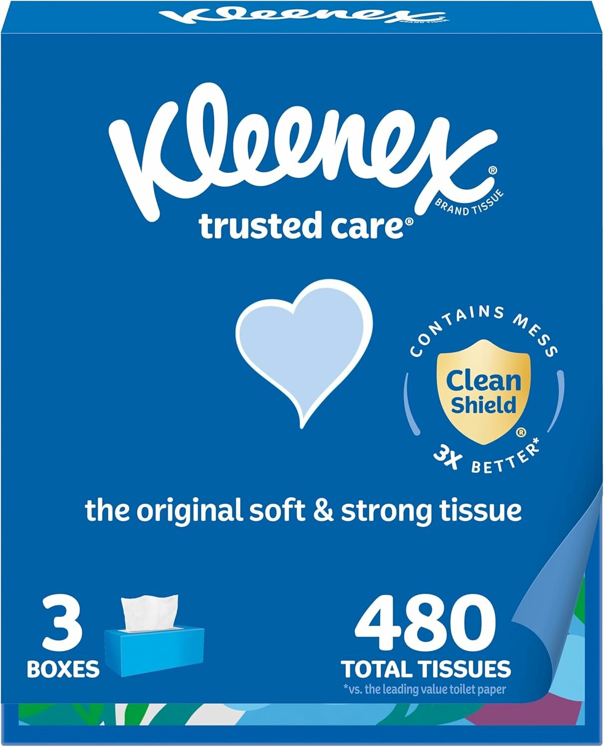 Салфетки для лица Kleenex Trusted Care, 3 плоские коробки, 160 салфеток в коробке, 2-слойные (всего 480), упаковка может отличаться