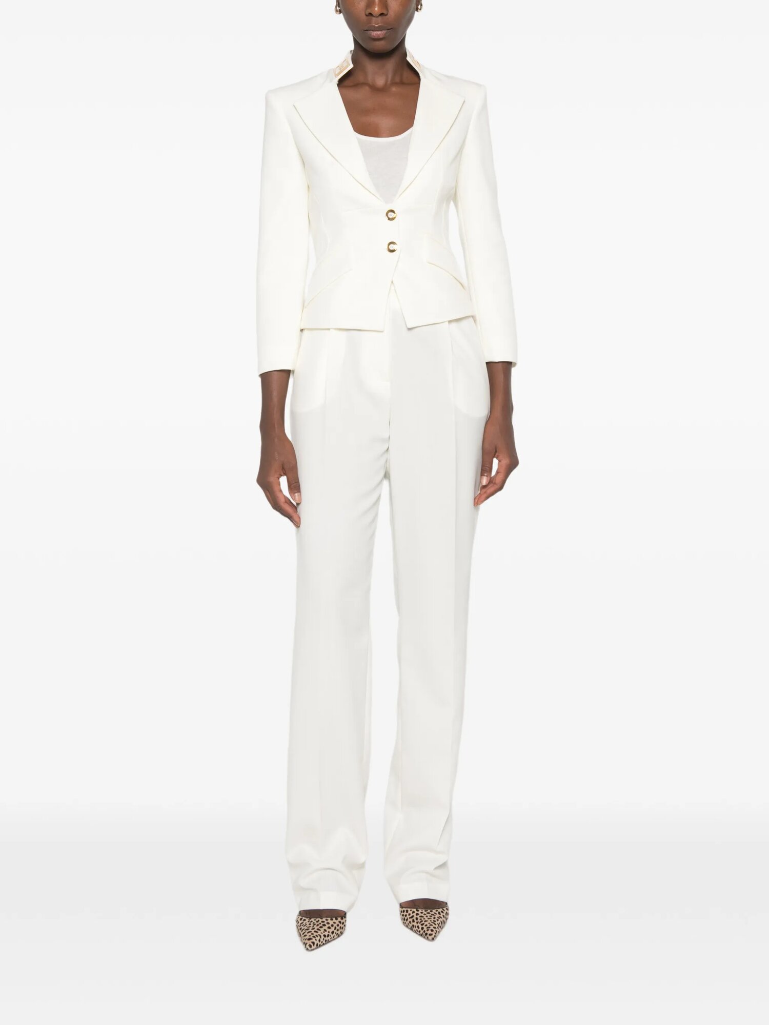 Пиджак Elisabetta Franchi Logo-plaque peak-lapels jacket, размер 44, бежевый/белый — фото 1