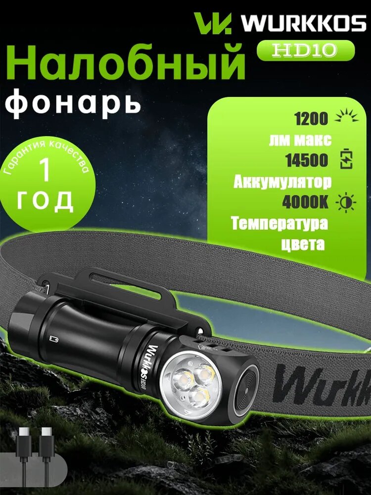 Wurkkos HD10 4000K CSP2323 мини налобный фонарь с Anduril 2,0 RGB UI USB-C перезаряжаемый чёрный фонарик