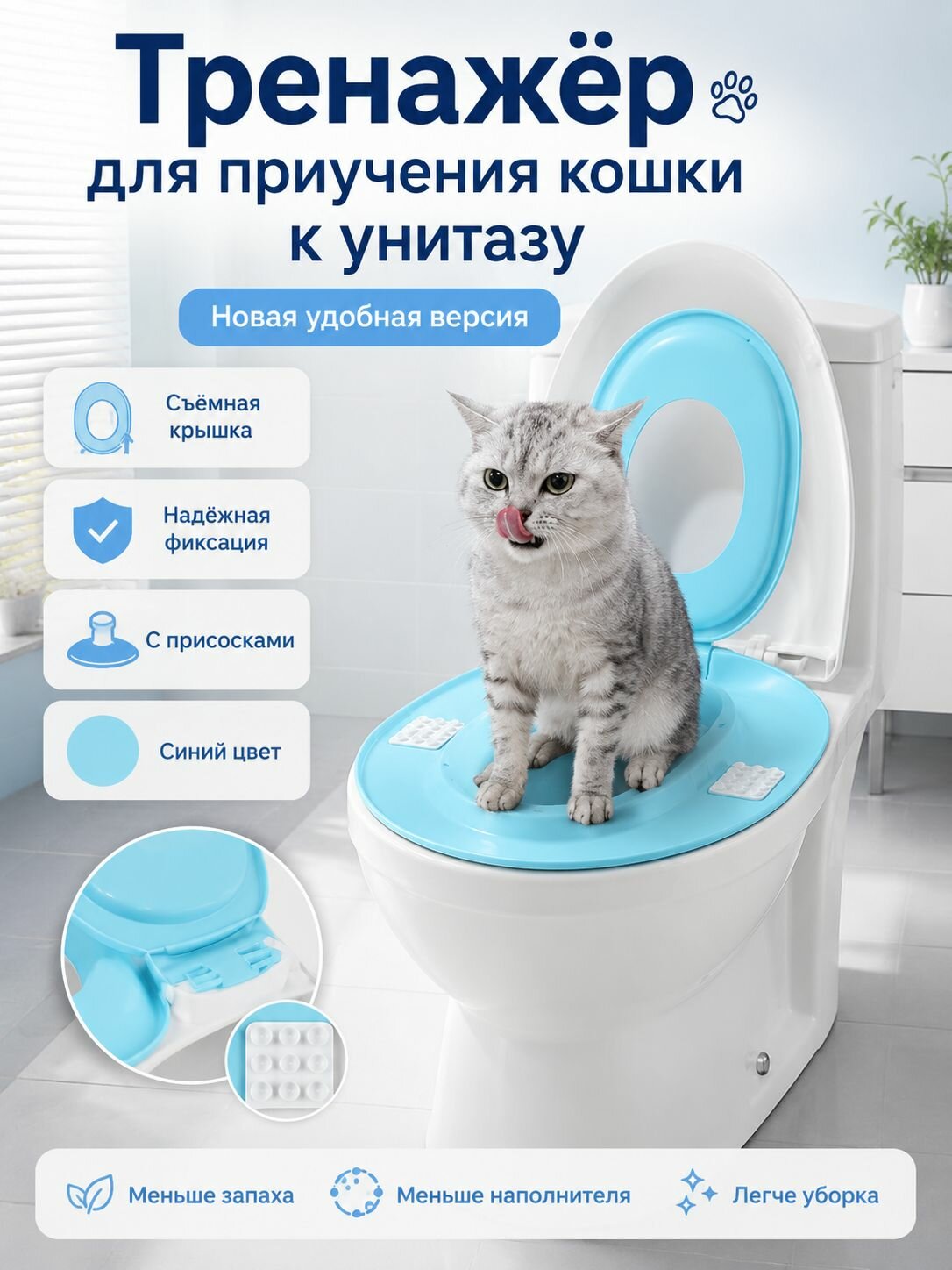 Тренажёр для приучения кошки к унитазу, синяя накладка на унитаз для кошек, кошачий туалетный тренажёр с присосками, съёмная крышка, PP-пластик, для постепенного обучения кошки