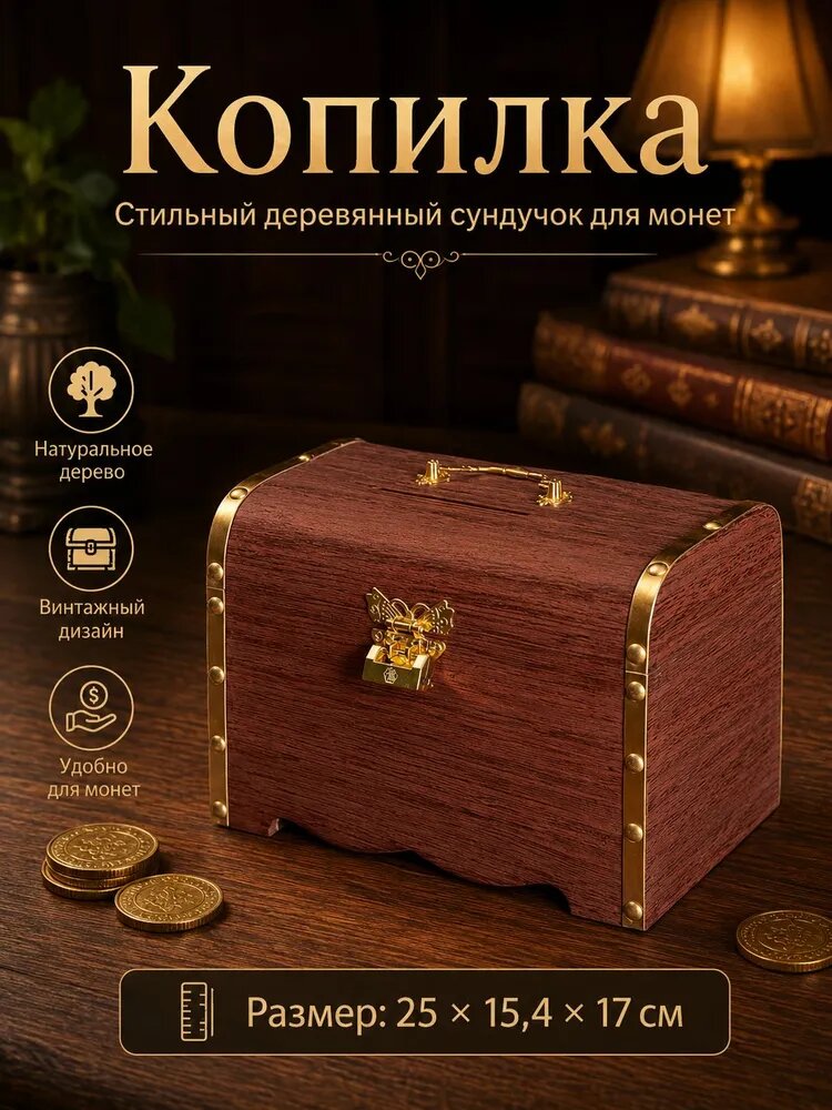 Копилка для денег "Сундучок", 25смx15.4смx17см, натуральное дерево, 1 шт