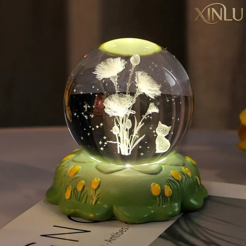 3D резной букет, светящийся кристальный шар, маленький ночник, декоративная фигурка с естественным светом8cm
