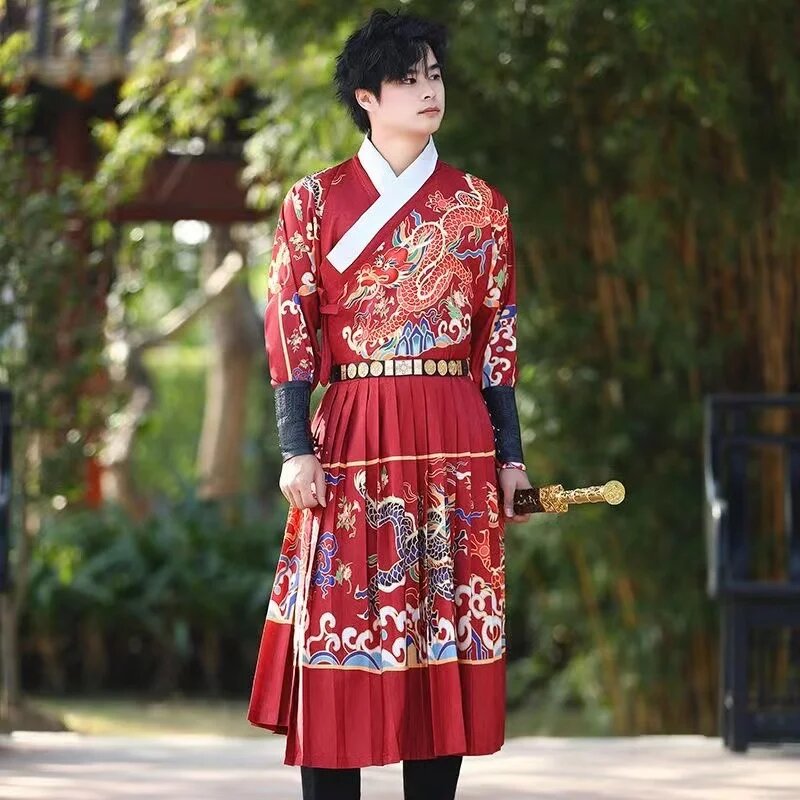 Мужской костюм Hanfu с летающей рыбой красный полиэстер Красный, S 35-50kg, red
