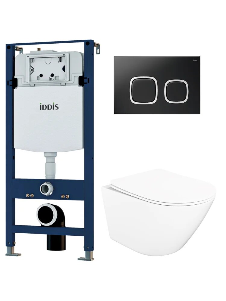 Комплект 4 в 1: Инсталляция IDDIS Профикс (Profix) PRO0000i32 / Унитаз подвесной STWORKI Левангер S07401WH безободковый, с микролифтом / Кнопка Юнификс (Unifix) UNI04BCi77, Комплект креплений