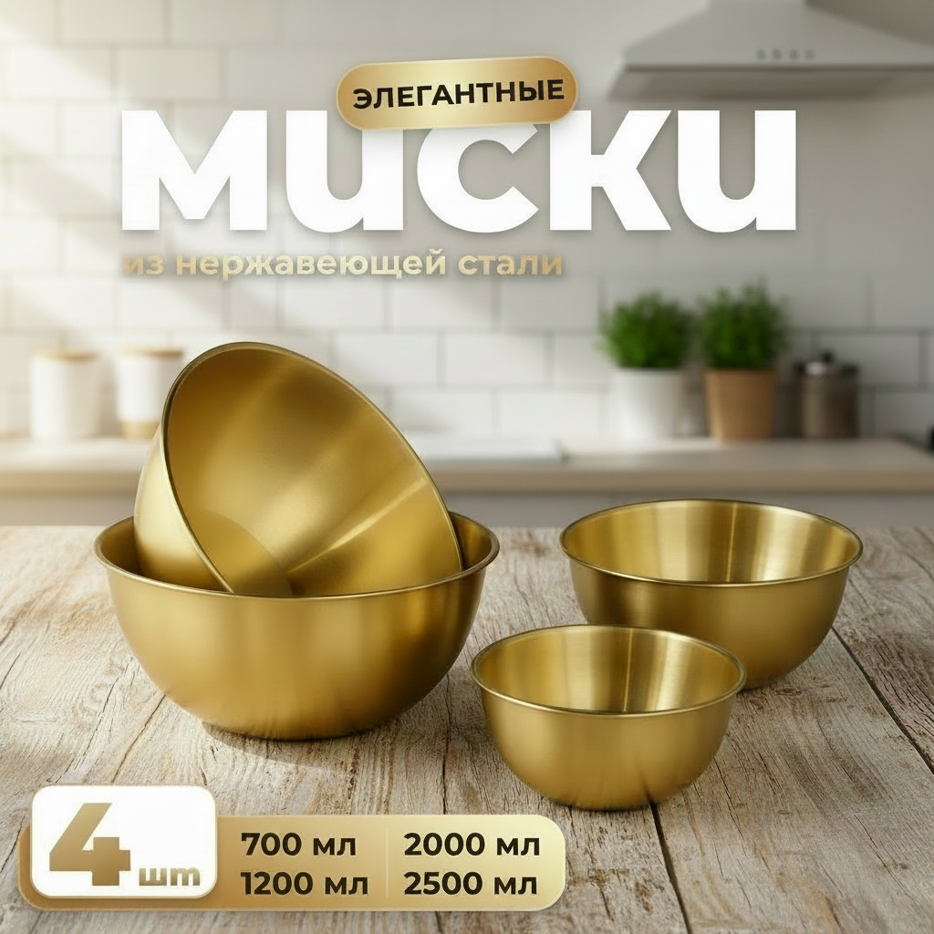 Комплект мисок Shiny Kitchen 4 шт 2.5 литра золото нержавейка